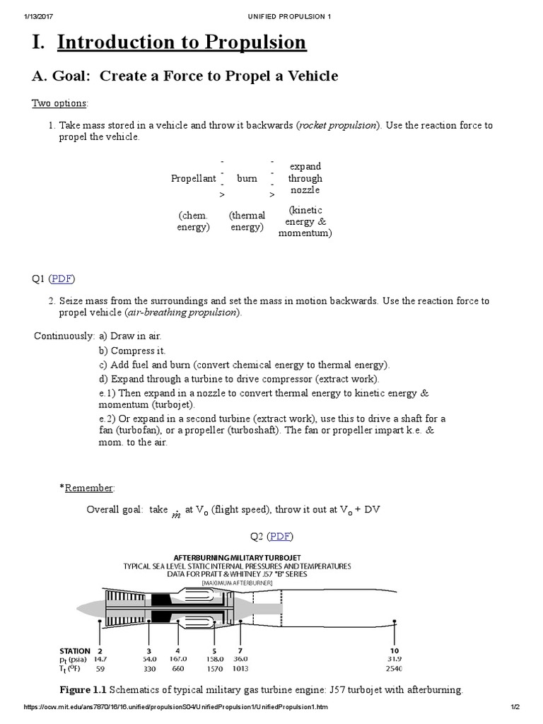I. Introduction To Propulsion: A. Goal: Create A Force To Propel A ...