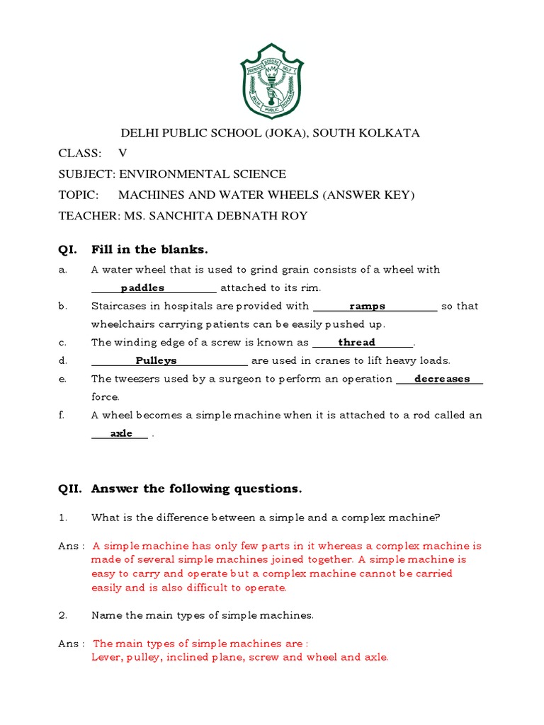 Machines and Water Wheels-Cl V - Answer Key PDF | Download Free PDF ...