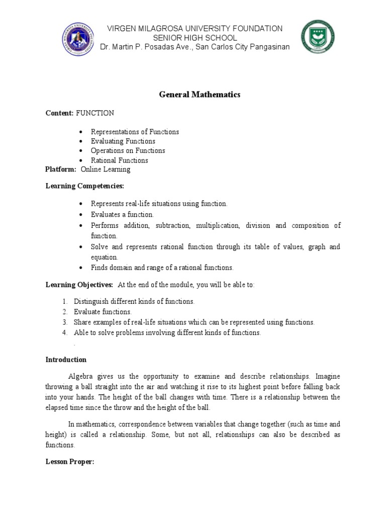 General Mathematics: Content: FUNCTION | PDF | Function (Mathematics) | Variable (Mathematics)