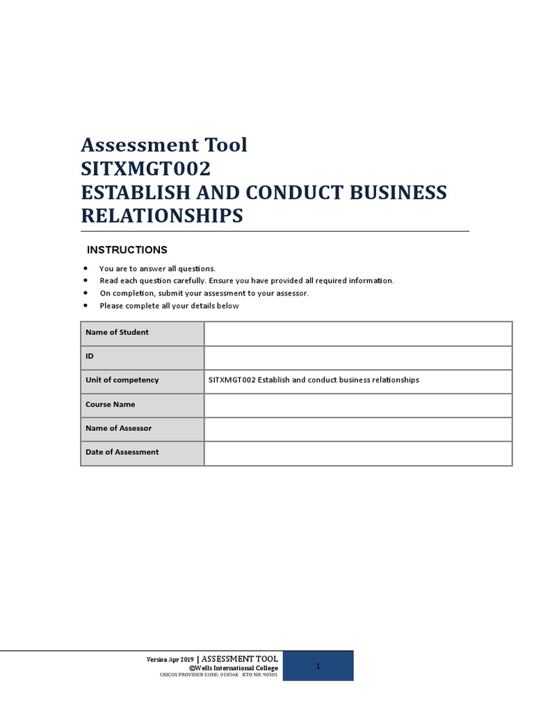 Assessment Tool Sitxmgt002 Establish and Conduct Business Relationships ...