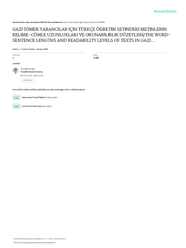 Gazi Tomer Yabancilar Icin Turkce Ogretim Setindek | PDF