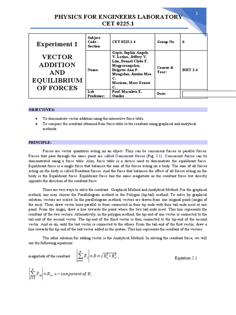 Experiment 1 Vector Addition AND Equilibrium of Forces: Physics For Engineers Laboratory CET ...