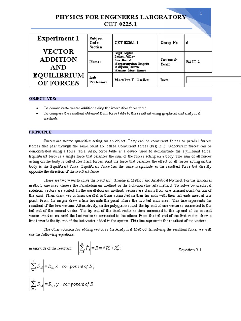 Experiment 1 Addition of Vectors - LABORATORY REPORT SHEET | PDF | Force | Euclidean Vector