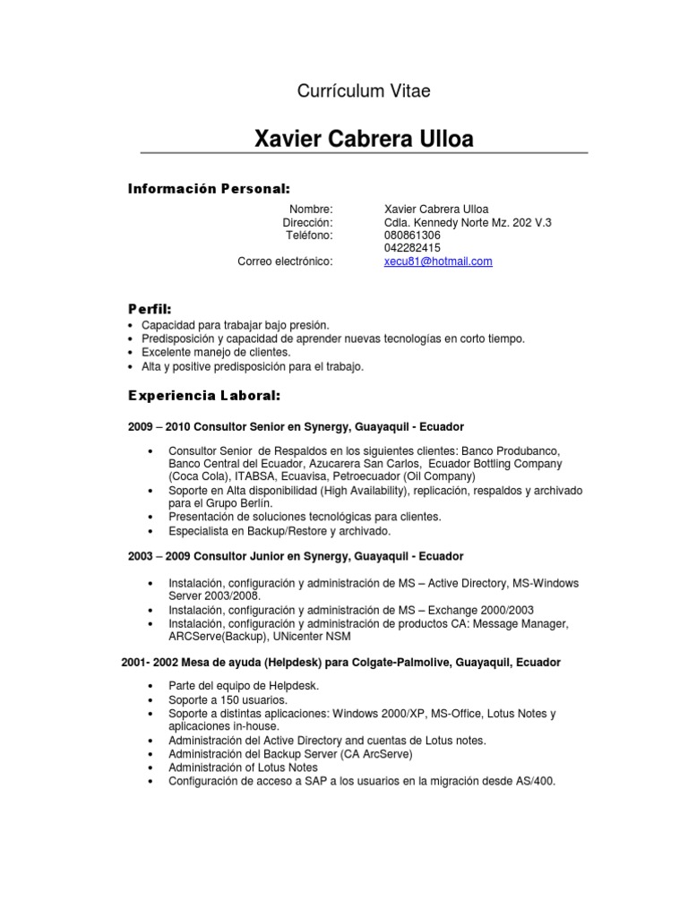CV Xavier Cabrera | PDF | Notas de Ibm | Ecuador