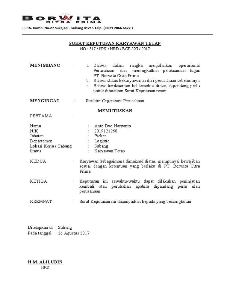 SK Kerja PT Borwita | PDF