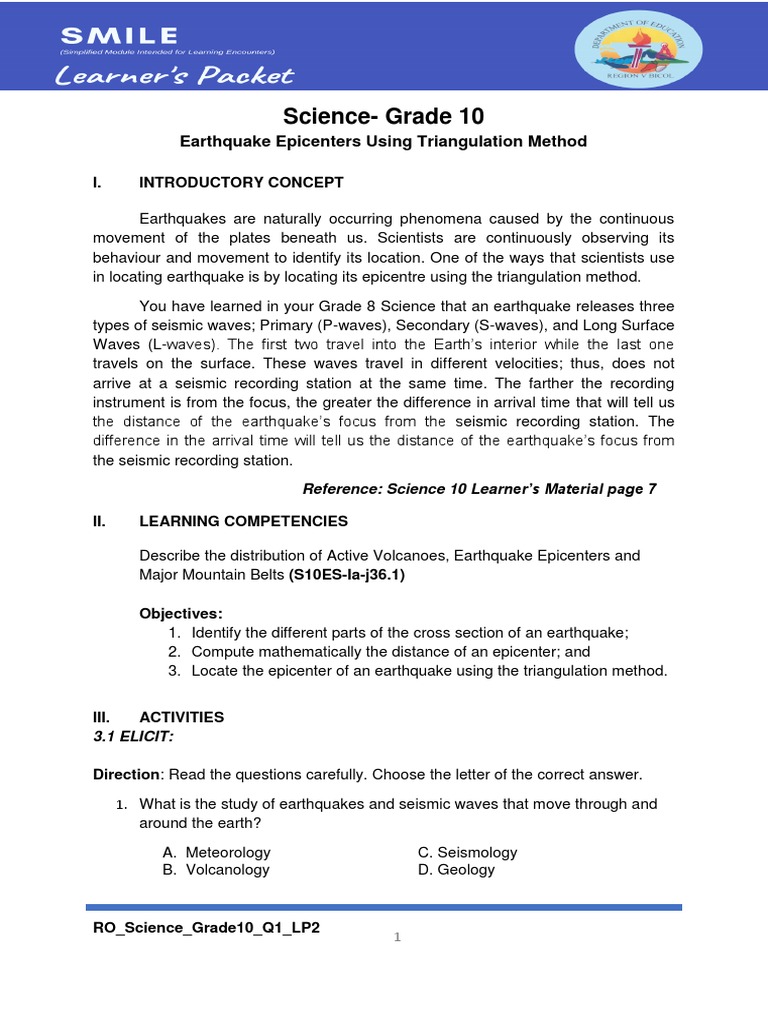 Science-Grade 10: Earthquake Epicenters Using Triangulation Method ...