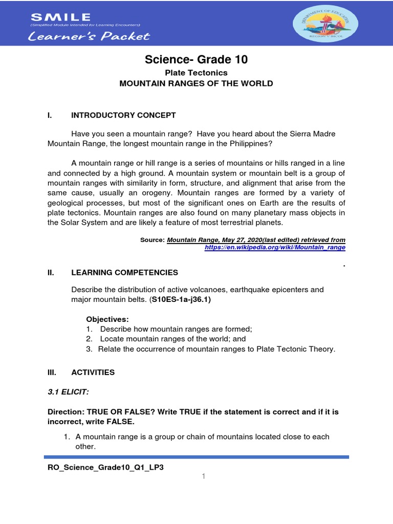 Science-Grade 10: Plate Tectonics Mountain Ranges of The World | PDF ...