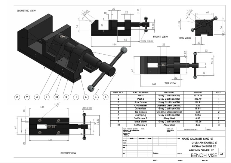 Bench Vise Isometric, Front, Side and Top Views | PDF | Steel | Metals