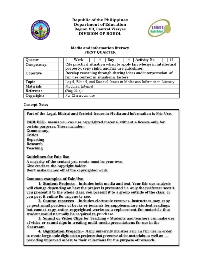 SHS Media-Information-Literacy Q1 Wk4 Day14 | PDF | Fair Use | Copyright SHS Media-Information-Literacy Q1 Wk4 Day14 | PDF | Fair Use | Copyright
