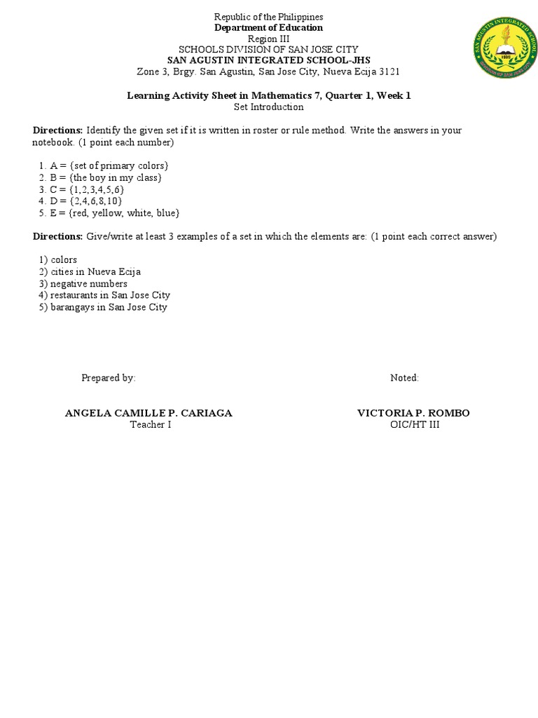 Math 7 LAS Q1 Week 1: Set Introduction | PDF | Mathematics