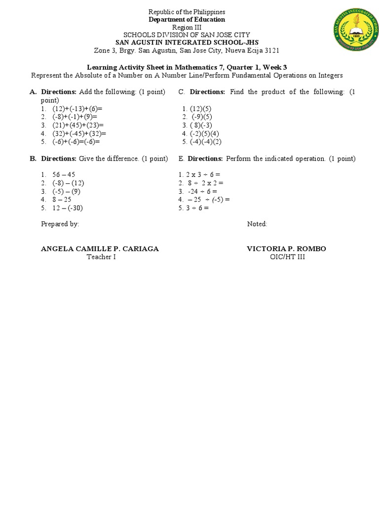Learning Activity Sheet in Mathematics 7, Quarter 1, Week 3: Department ...