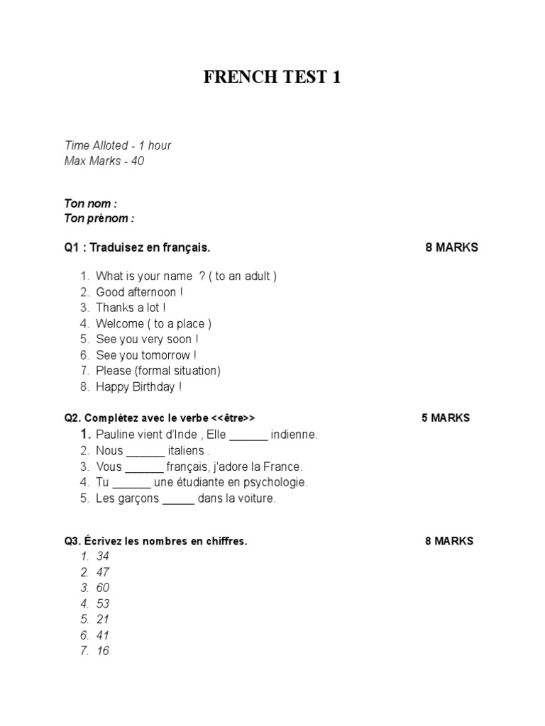 Test de français A1 - Évaluation 1 | PDF