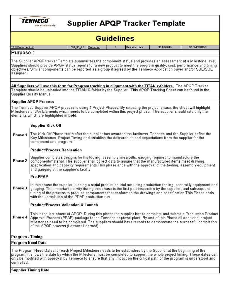 Supplier APQP Tracker Template Guidelines: Purpose | PDF ...