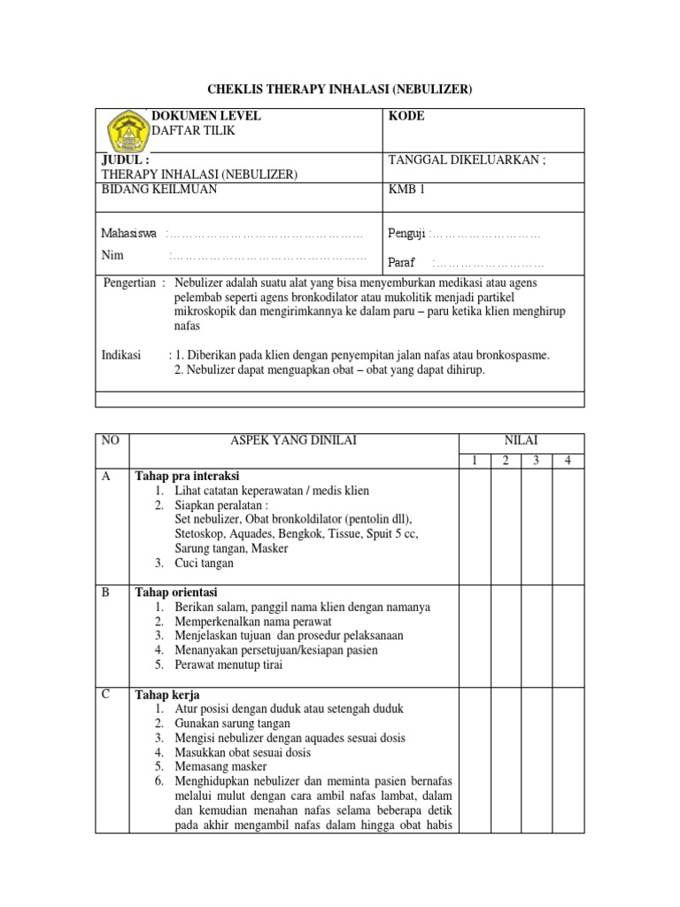 CHECKLIST FOR INHALATION THERAPY (NEBULIZER) | PDF
