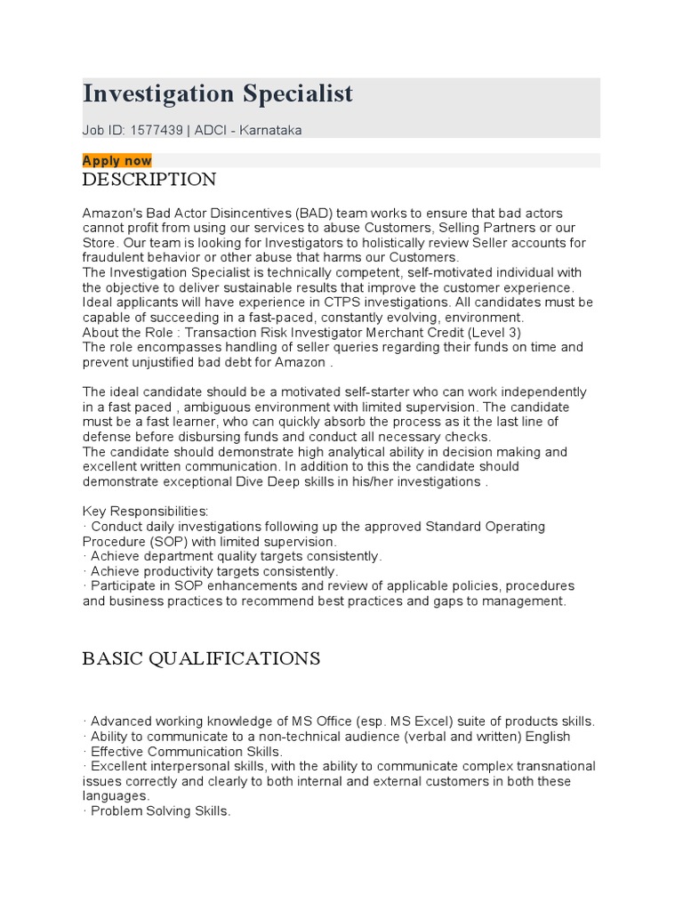 Amazon Investigation Specialist | PDF | Communication | Decision Making
