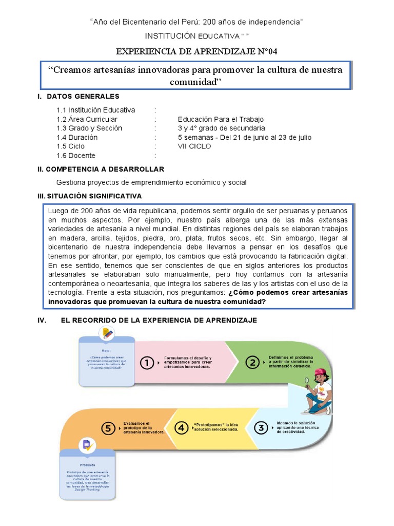 Experiencia de Aprendizaje IV - Ept 3 y 4 Grado | PDF | Aprendizaje | Iniciativa empresarial