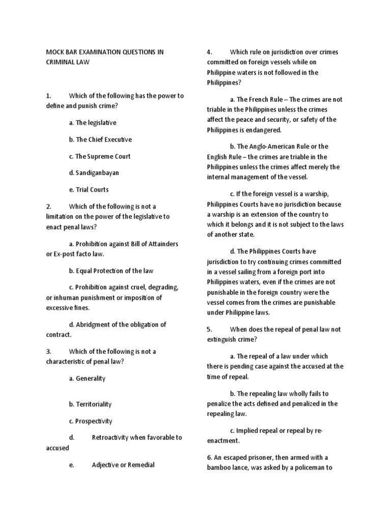 Criminal Law Mock Bar Exam Questions | PDF | Crime & Violence | Crimes