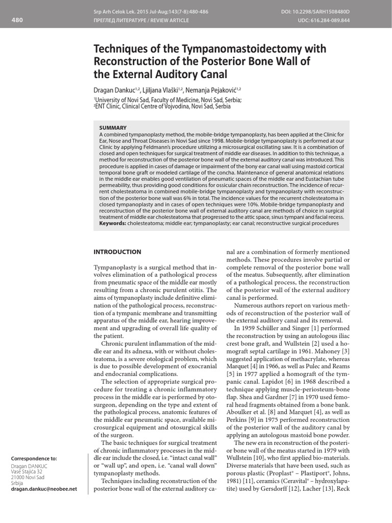 Techniques of The Tympanomastoidectomy With Reconstruction of The ...