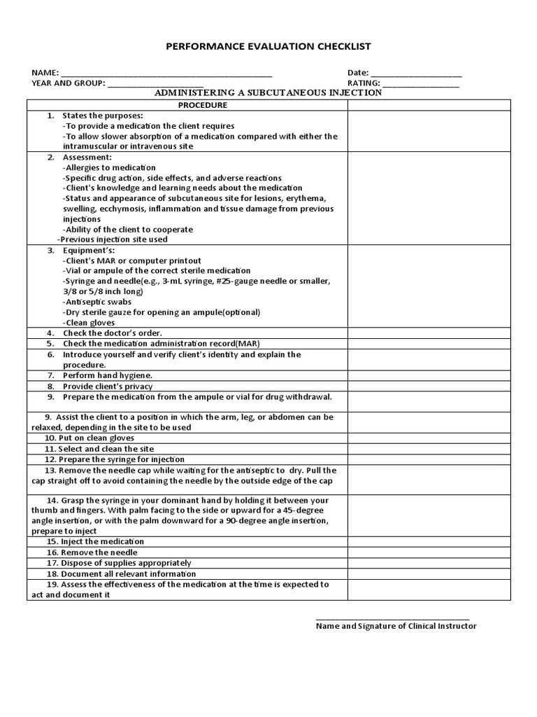 Subcutaneous Checklist | PDF | Injection (Medicine) | Health Sciences