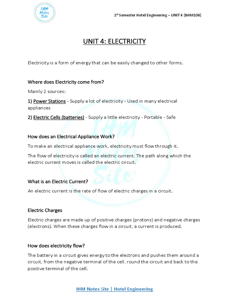Unit 4: Electricity: IHM Notes Site - Hotel Engineering | PDF ...