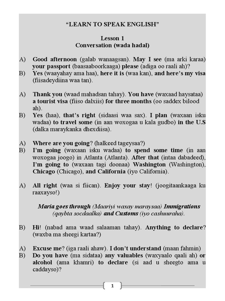 Learn To Speak English - Translated - New - Somali | PDF