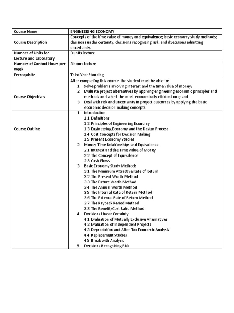 Course Name Engineering Economy Course Description Number of Units For ...