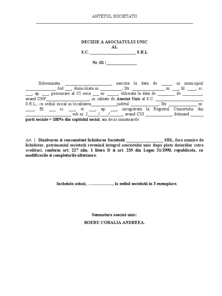 Decizie Asociat Unic - Dizolvare Societate | PDF