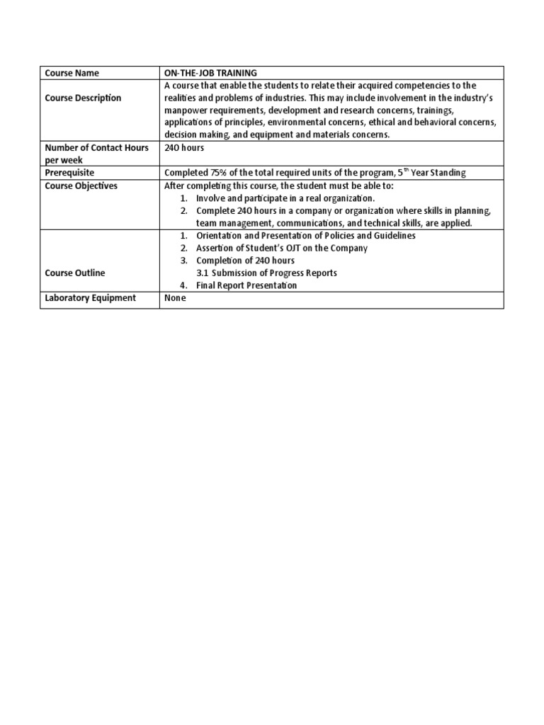 Course Name On-The-Job Training Course Description | PDF