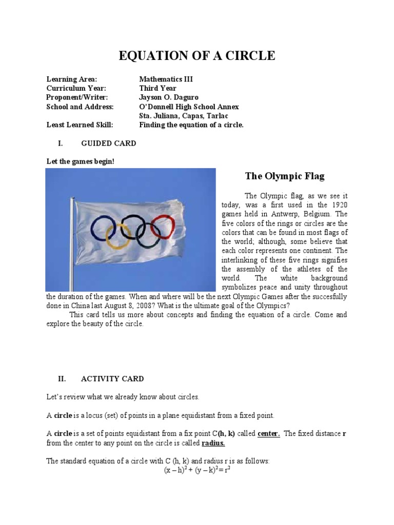 Equation of A Circle: The Olympic Flag | PDF | Mathematics | Elementary ...