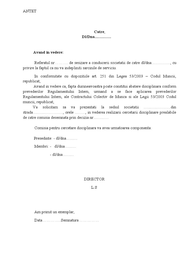 Model Convocare Salariat Comisie de Cercetare | PDF