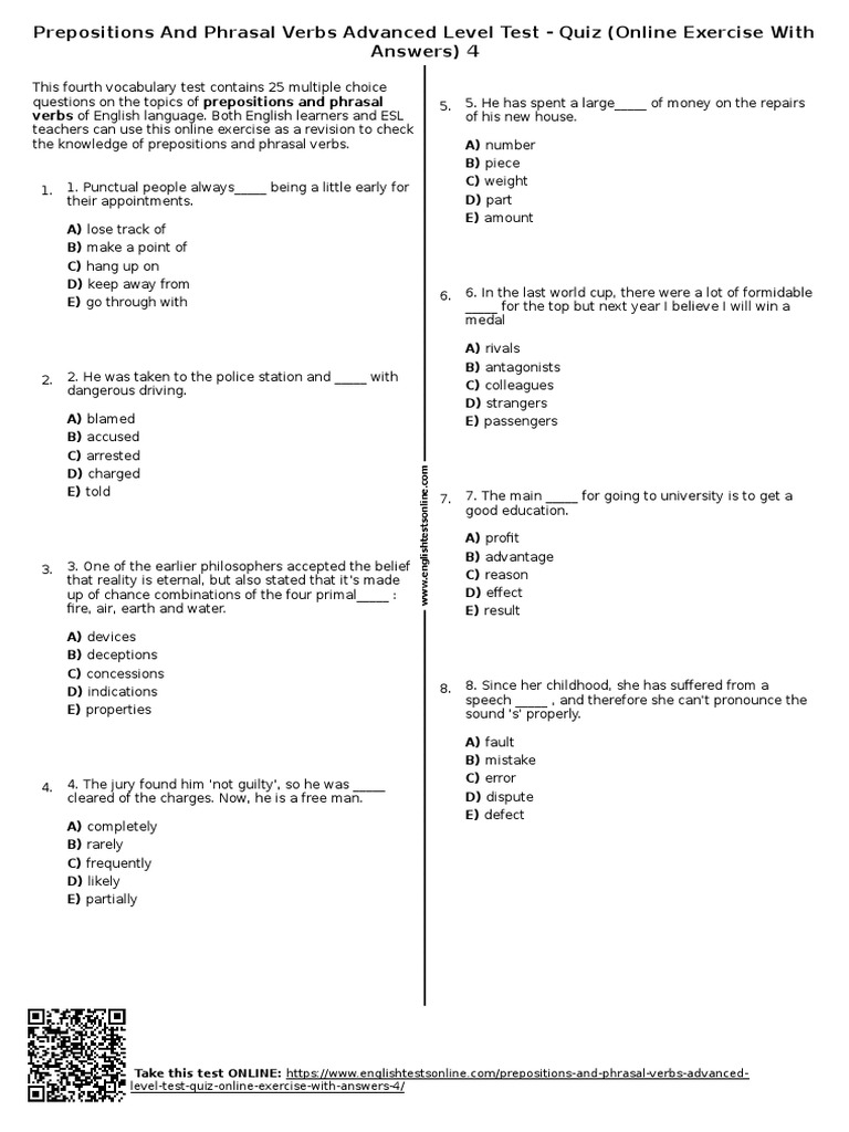 397 - Prepositions and Phrasal Verbs Advanced Level Test Quiz Online ...