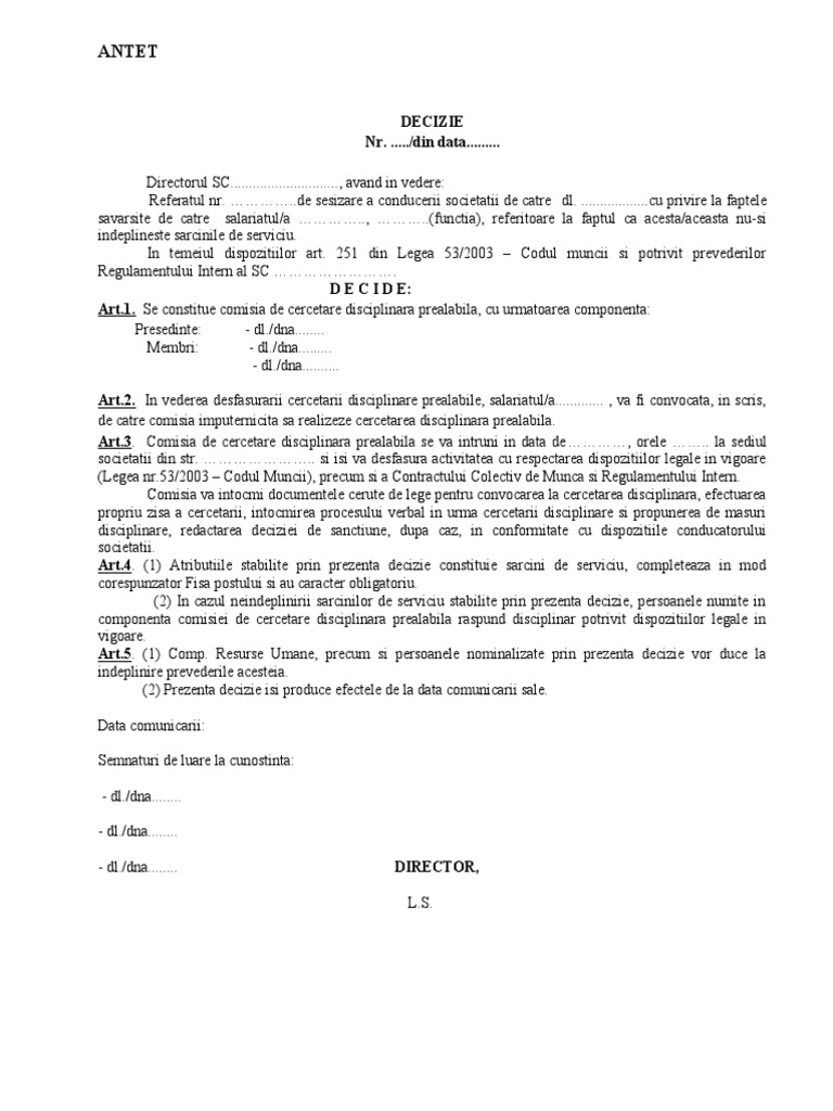 Model Decizie Comisie Cercetare Disciplinara | PDF