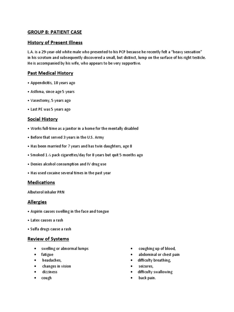 Group 8: Patient Case History of Present Illness | PDF | Lung | Testicle