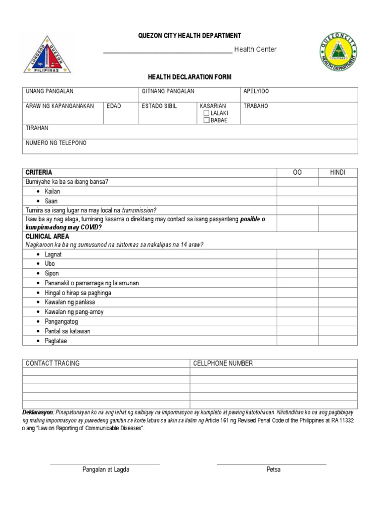 QCHD Health Declaration Form | PDF