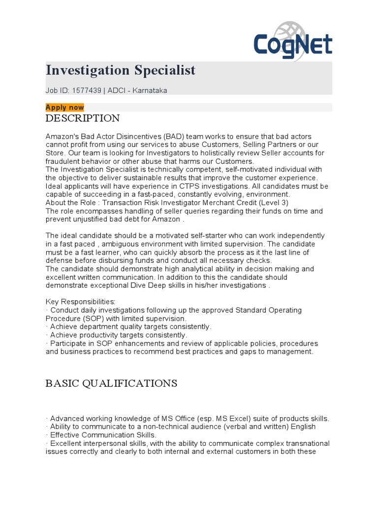 Investigation Specialist: Description | PDF | Communication ...
