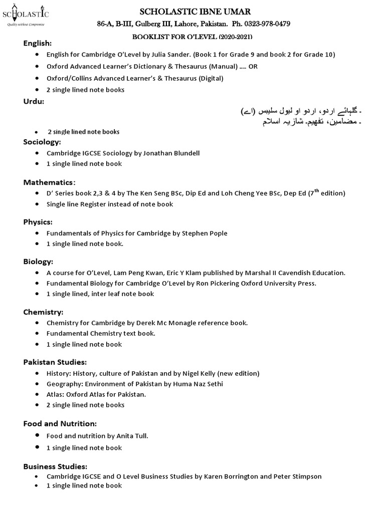 O'Level Booklist for 2020-2021 | PDF