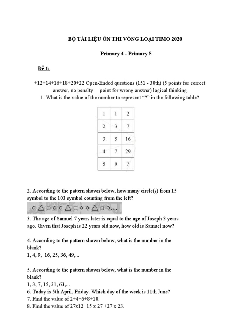TIMO - Sample Test - P4P5 | PDF | Numbers | Rectangle