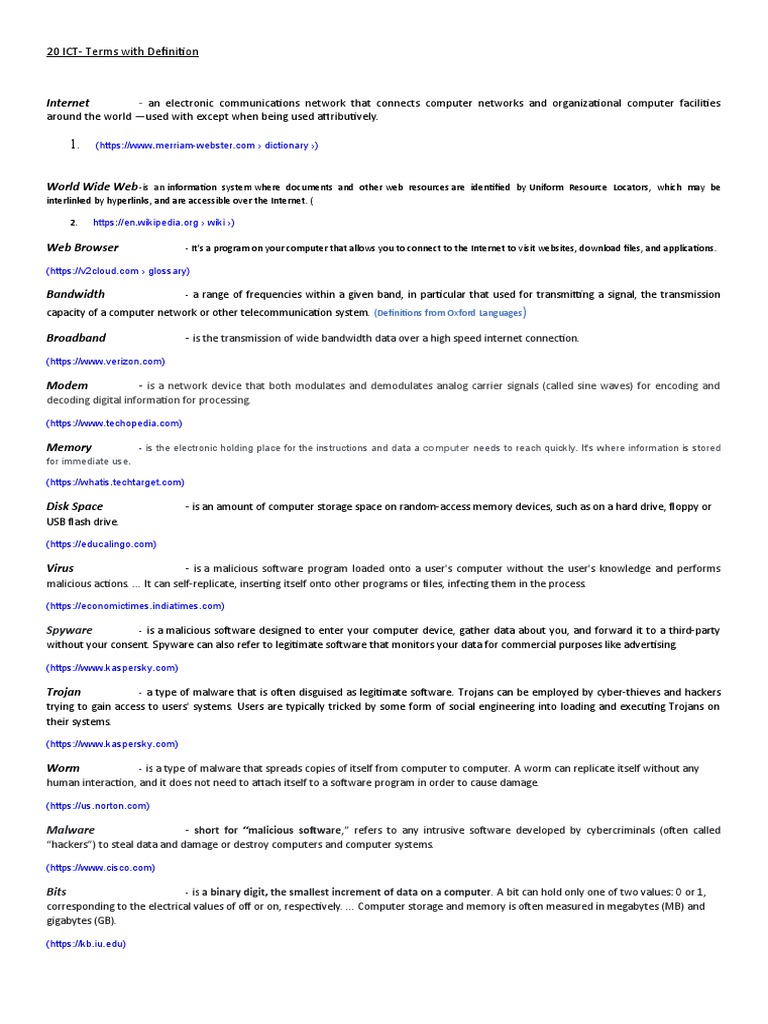 Internet: 20 ICT-Terms With Definition | PDF | Malware | Byte