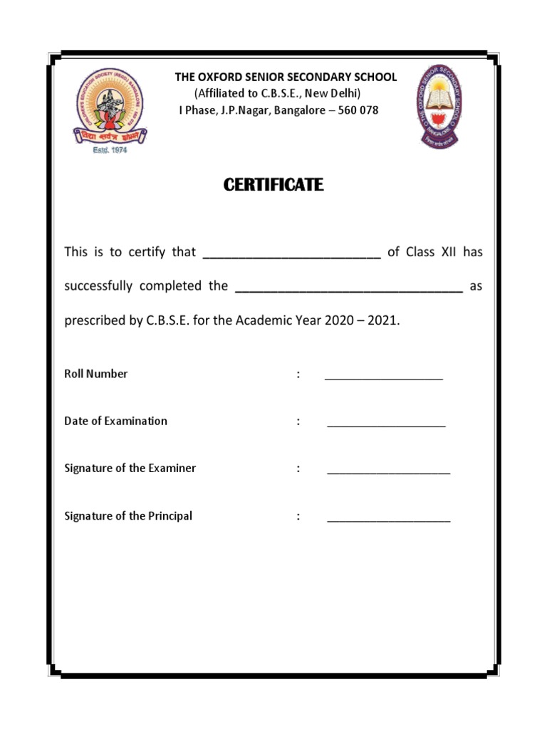 Certificate: I Phase, J.P.Nagar, Bangalore - 560 078 | PDF