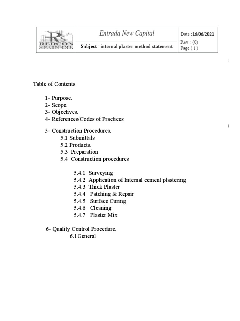 Internal Plaster Method Statement Guide | PDF | Plaster | Concrete