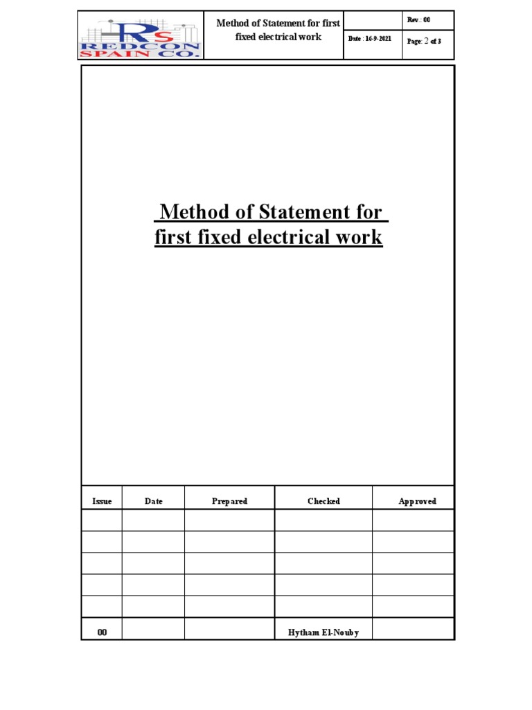 First Fix Electrical Work Method Statement | PDF | Electrical Wiring ...