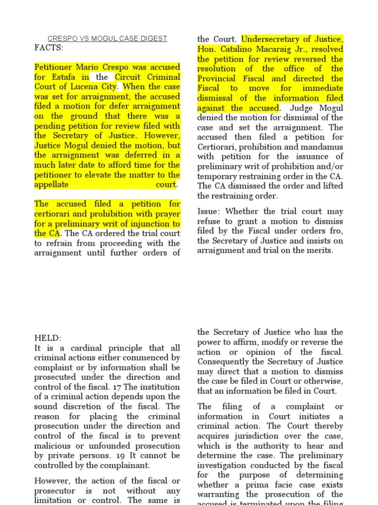 Crespo Vs Mogul Case Digest | PDF | Prosecutor | Writ Of Prohibition