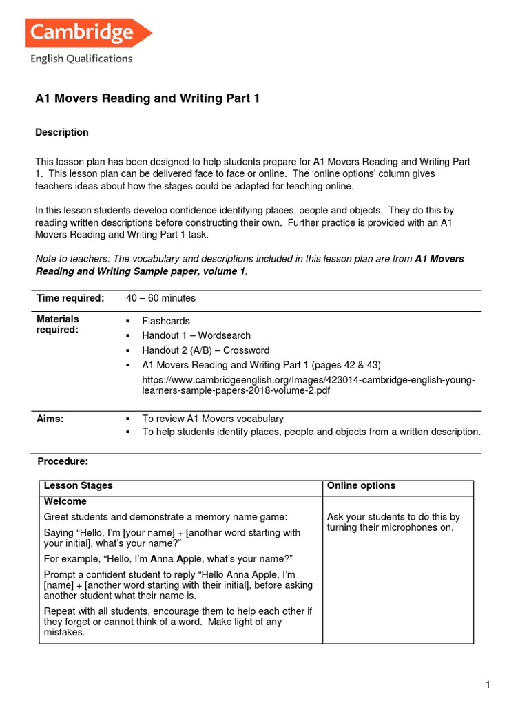 A1 Movers Reading and Writing Part 1 | Download Free PDF | Crossword ...