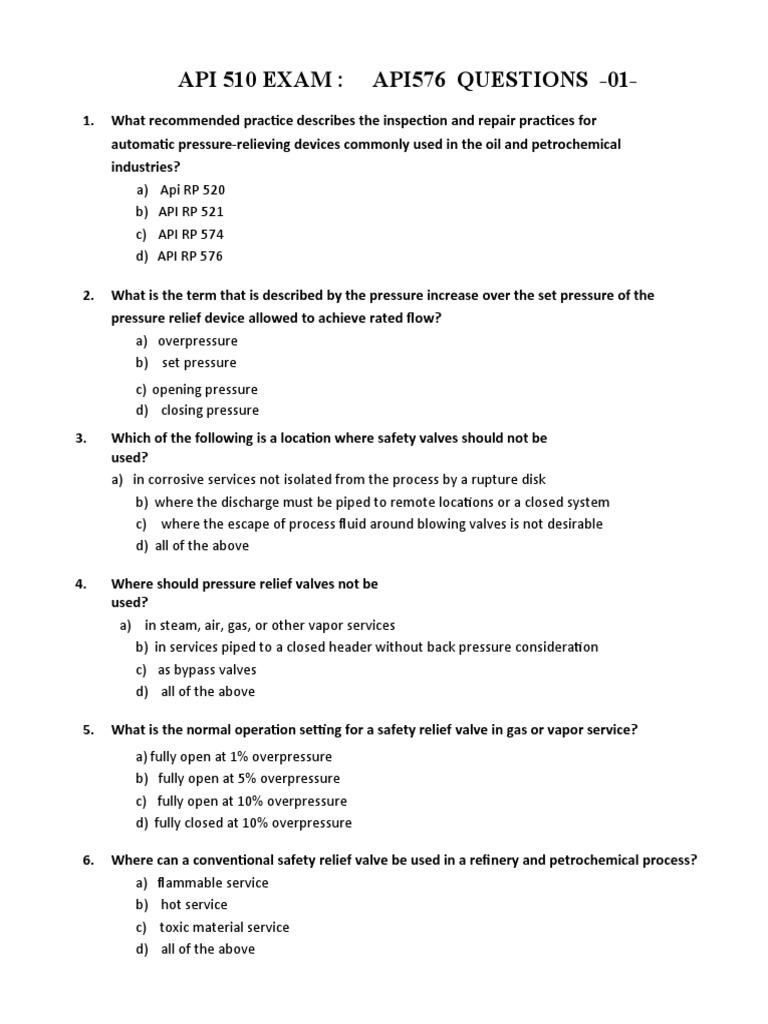 Api 510 Exam: Api576 Questions - 01 | PDF | Valve | Building Engineering