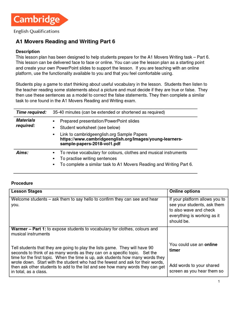A1 Movers Reading and Writing Part 6 | PDF | Lesson Plan | Vocabulary