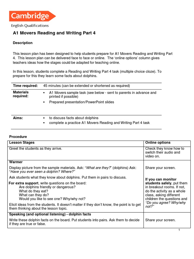 A1 Movers Reading and Writing Part 4 | PDF | Lesson Plan | Adverb