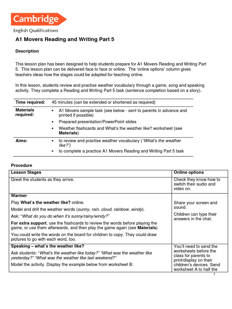 A1 Movers Reading and Writing Part 5 | PDF | Lesson Plan | Vocabulary