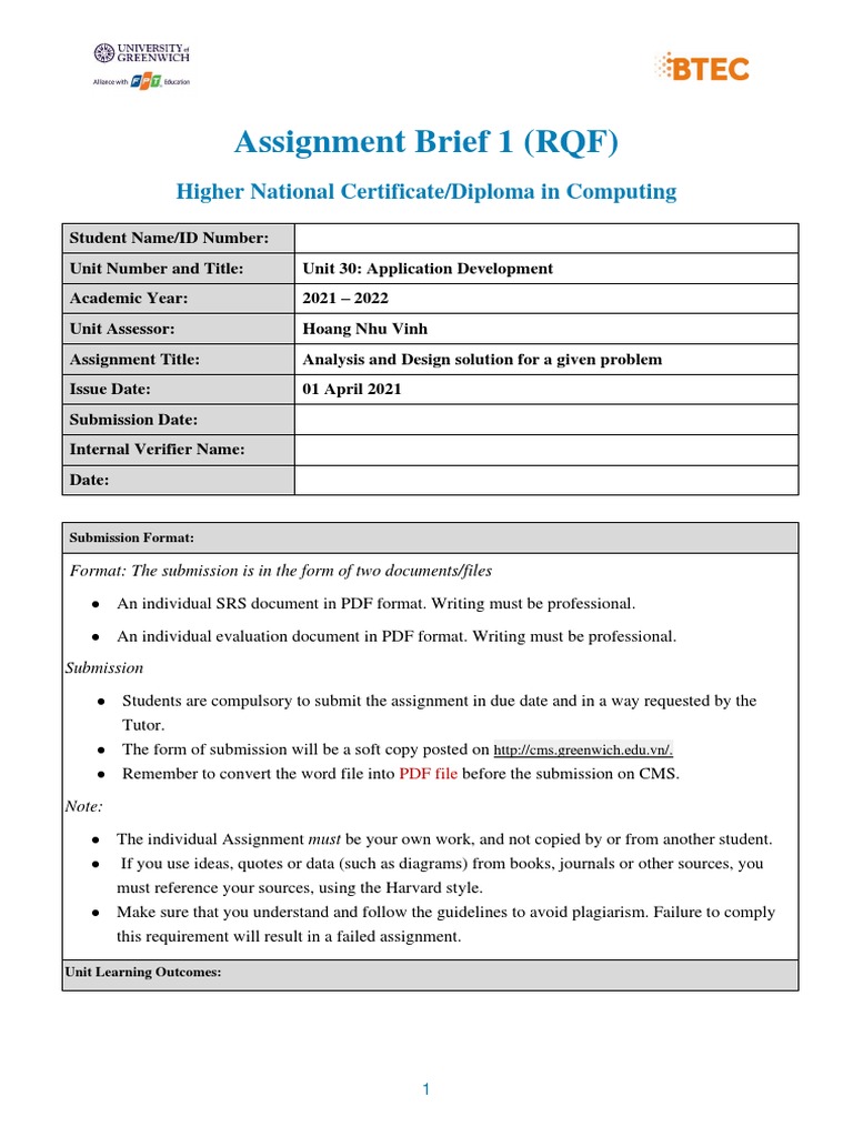 1 - Unit 30 - Assignment Brief 1 | PDF | Software Development | Specification (Technical Standard)