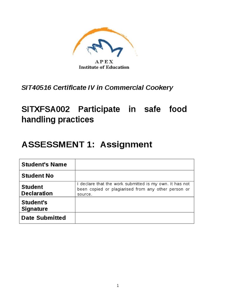 SITXFSA002 A01 Participate in Safe Food Handling Practices | PDF ...