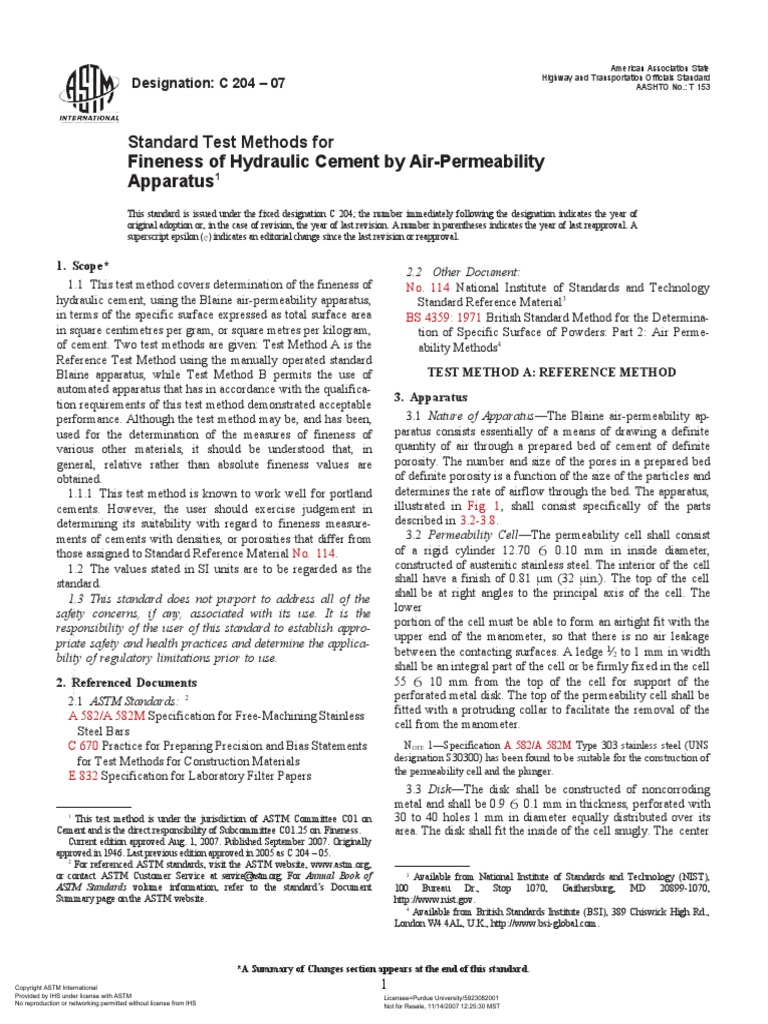 Blaine Fineness Astm C 204 | PDF | Calibration | Density